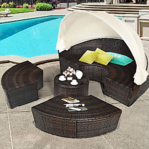 COSTWAY Patio Round Daybed with Retractable Canopy, Wicker Furniture Sectional Couch with Separate Cushioned Seats, Adjustable Table Top, Patio Rattan Daybed Sofa for Patio, Backyard, Poolside, White