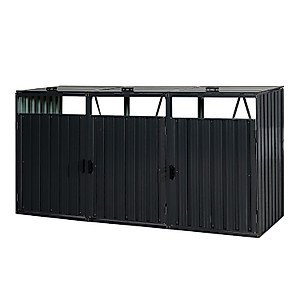 Metal Outdoor Trash Bin Shed for Storing 3 Trash Cans, Stainless Steel Galvanized, Garden Yard Lawn Trash Bin Shed, Black