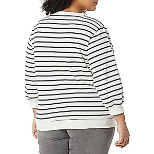 Amazon Essentials Women's French Terry Fleece Sleeve Detail Crewneck Sweatshirt, Black White Stripe, Large