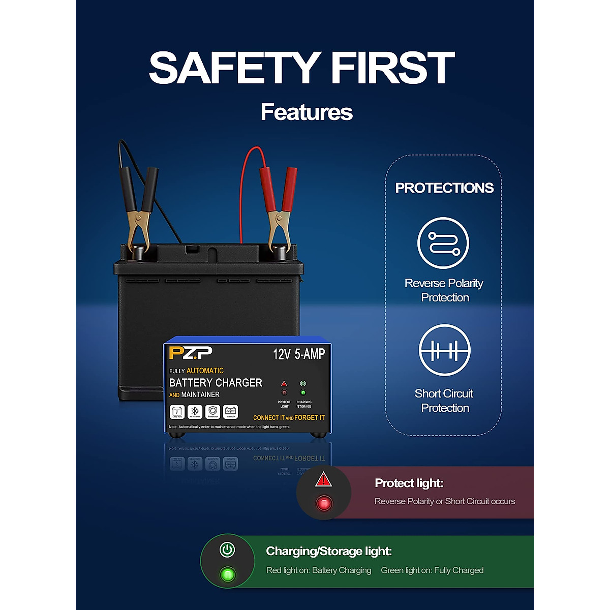 PZ.P 12v Smart Car Battery Charger, 5Amp Fully-Automatic Trickle Charger, Battery Desulfator with Auto Repair, 12 Volt Battery Maintainer, Winter Mode, Suitable for AGM, Deep Cycle, Lawn Mower, RV
