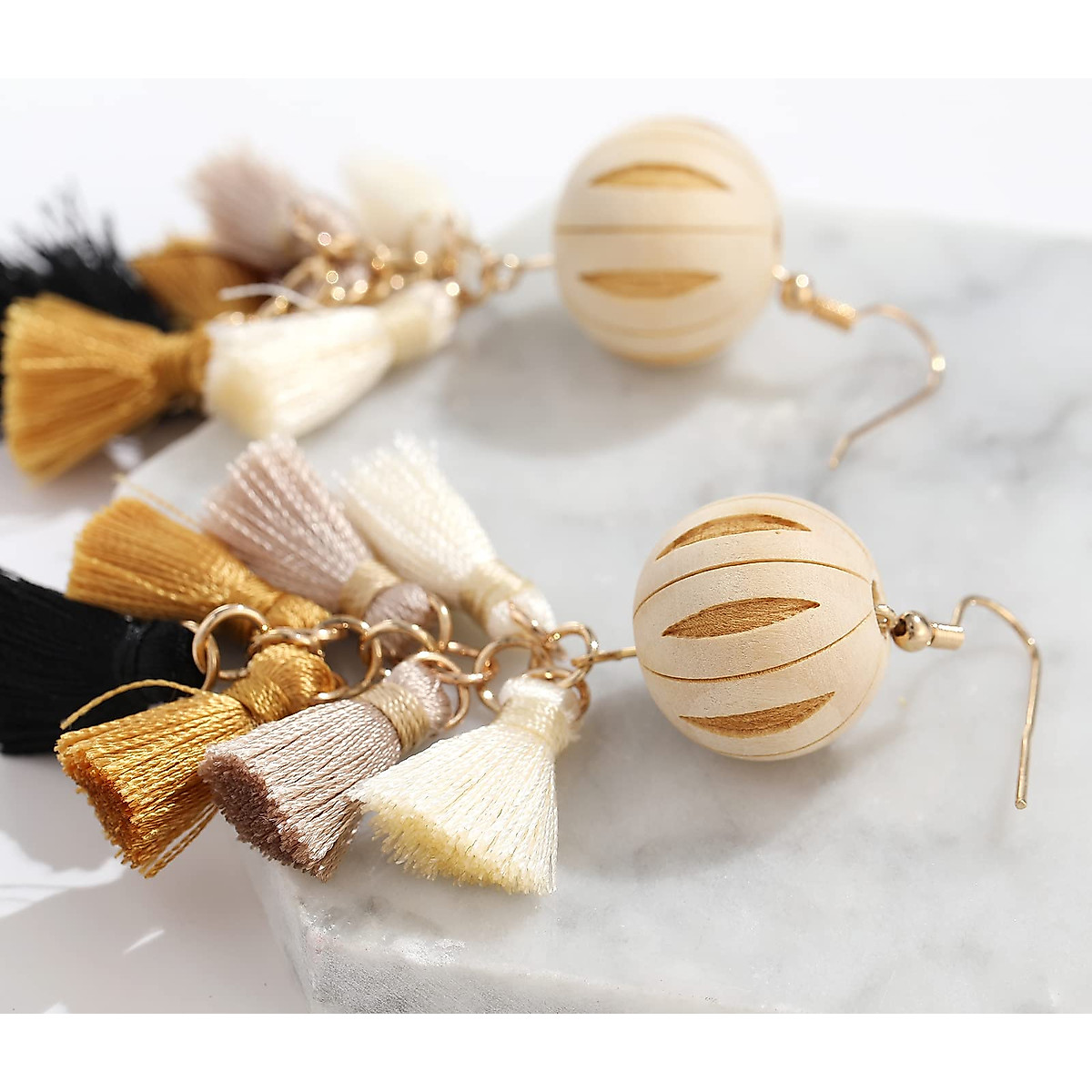 Bohemian Layered Tassel Earrings - Handmade Thread Tassel Dangle Earrings with Wooden ball for Sister, Lover… (Colorful A)