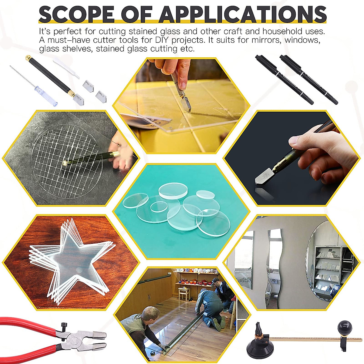 Mardatt 9 Pcs Glass Cutting Tool Set Kit Includes Adjustable Circular Glass Cutter, Glass Running Pliers with Rubber Tip, 2mm-20mm Oil Feed Carbide Tip with 3 Bonus Blades for Mirrors Tiles Mosaic