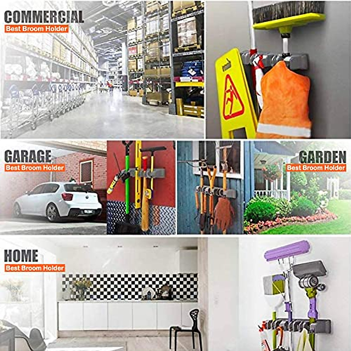 Comfecto New Version 4pcs Self Adhesive Broom Holder with Gripper and 2 Hooks, Damage Free Broom Mop Holder, No Drill Anti-Slip Wall Mount Broom Gripper Organizer for Bathroom Kitchen Garden Garage