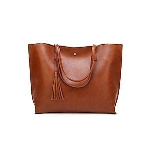 Dreubea Women's Soft Faux Leather Tote Shoulder Bag from, Big Capacity Tassel Handbag Brown New S