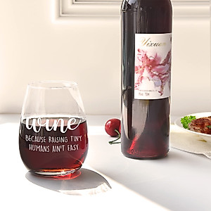 DAZLUTE Raising Tiny Humans Ain’t Easy Stemless Wine Glass, Mother’s Day Father’s Day Christmas Birthday Gag Gifts for Dad Mom New Parents Women Men from Kids Wife Husband, Funny 15Oz Wine Glass