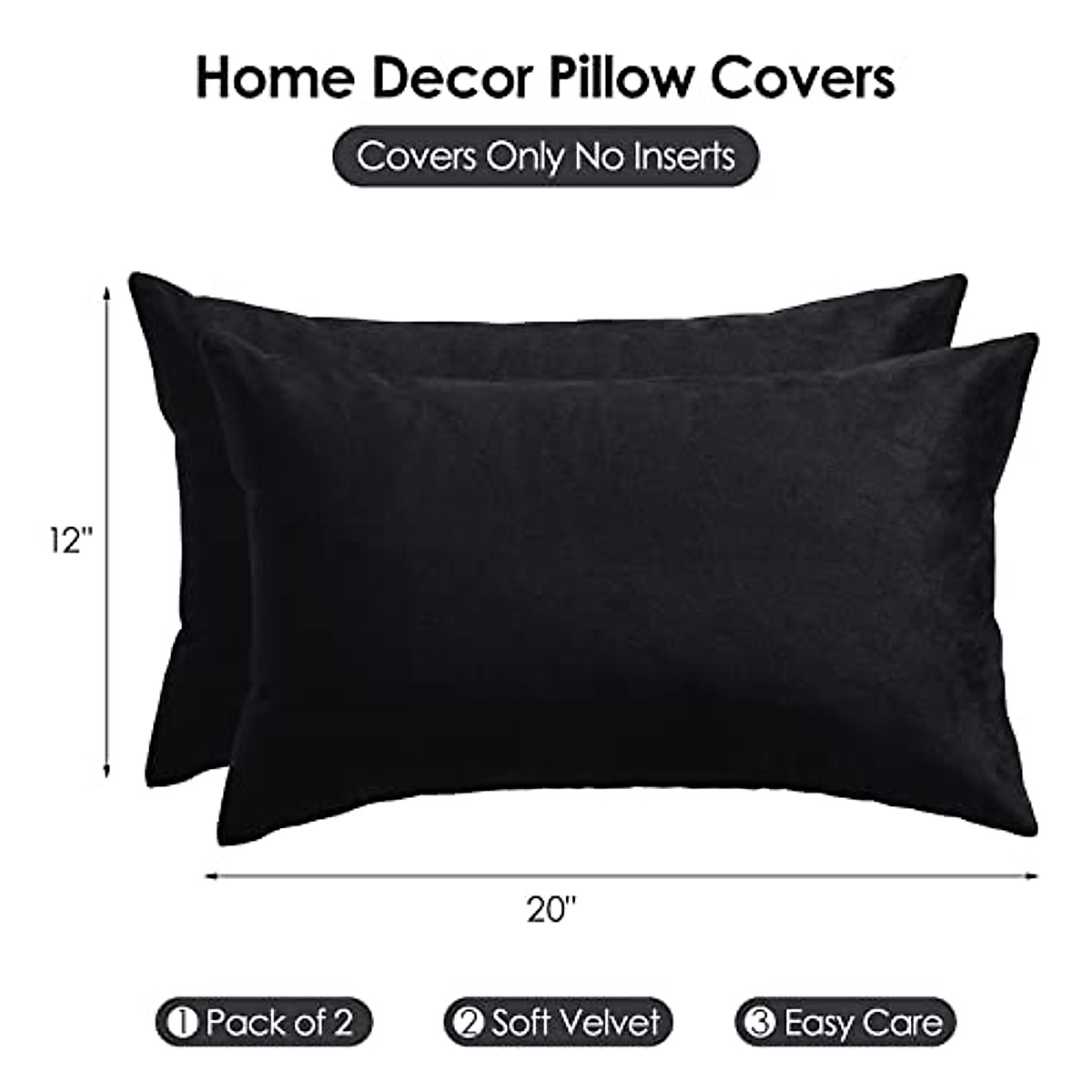 Homelike Moment Throw Pillow Covers 12x20 Set of 2, Black Velvet Decorative Couch Pillow Cover Soft Lumbar Cushion Cases for Sofa Bed Car (12x20 Inch, Black)