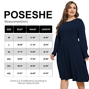 POSESHE Women's Plus Size Casual Long Sleeve Navy Blue Dresses Soft Stretchy Swing Sunflower Home Dress,Navy Blue,L