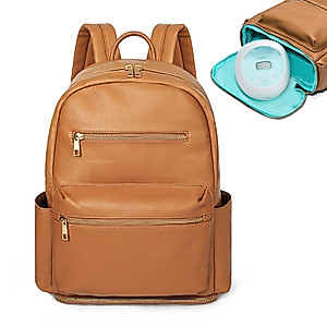 MOMINSIDE Small Diaper Bag Backpack, 13 Pockets Leather Mini Baby Bag Backpack, Breast Pump Bag, 13 Inch Laptop Sleeve, 2 Insulated Pockets, Bottom Compartment, Brown