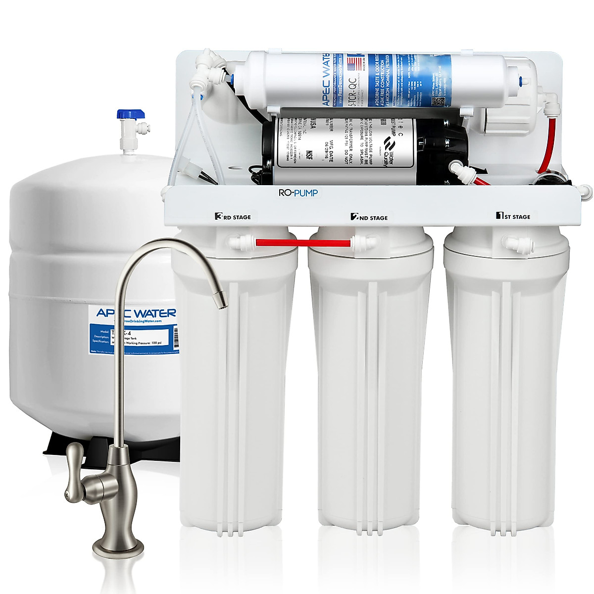 APEC Water Systems RO-PUMP-120V Top Tier Ultra Safe Reverse Osmosis Drinking Water Filtration System with US Made Booster Pump