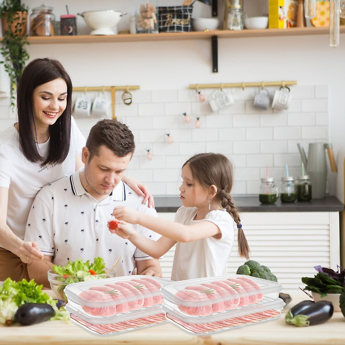 SHUESS 6 Pack Bacon Keeper for Refrigerator, Plastic Deli Meat Saver with Lids Airtight, Cold Cuts Storage Containers for Fridge, Food Shallow Low Christmas Cookie Holder