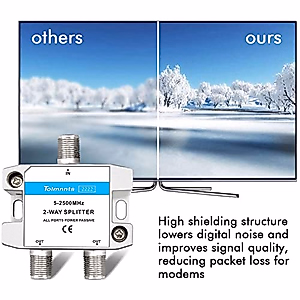 Tolmnnts 2 Way Coaxial Cable Splitter 2.5GHZ 5-2500MHz, RG6 Compatible, Nickel Plated, Cable Splitter Work with CATV, Satellite TV,Antenna System and MoCA Configurations (2 Way)
