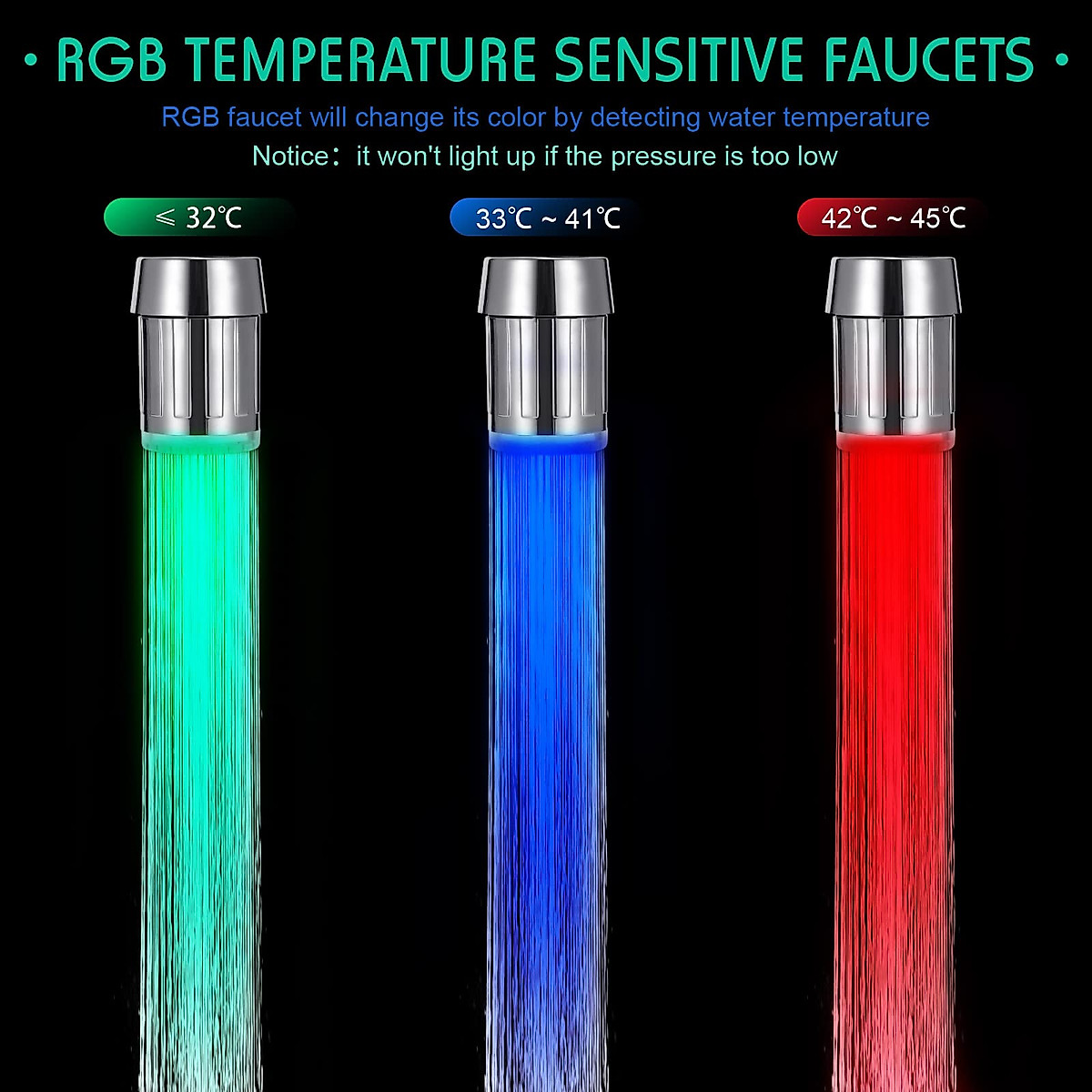 3 Pieces LED Water Faucet Light Color Changing Faucet for Kitchen and Bathroom (Fixed LED Faucet)