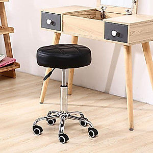 KKTONER Round Rolling Stool Chair PU Leather Height Adjustable Shop Stool Swivel Drafting Work SPA Salon Stools with Wheels Office Chair (Black)