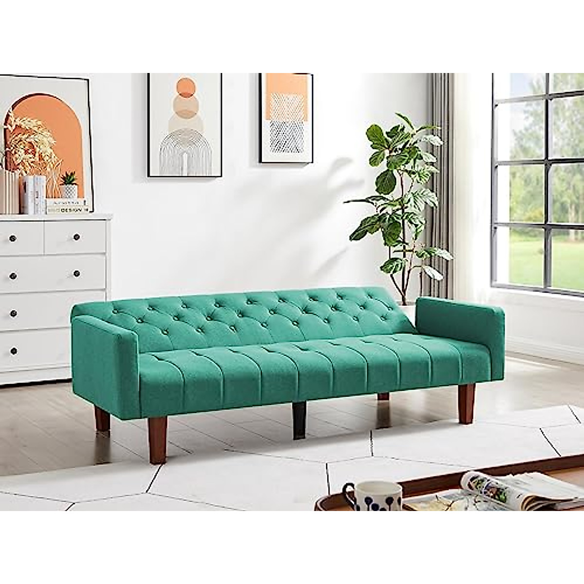 Green, Linen, Convertible Double Folding Living Room Sofa Bed (Eucalyptus Wood Frame)
