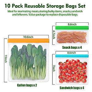 10 Pack BPA FREE Reusable Storage Bags 2 Reusable Gallon Bags+4 Leakproof Reusable Sandwich Bags+4 Thick Reusable Snack Bags Freezer Bags Leakproof Lunch Bags for Food Meat Fruit Cereal (Multicolored)