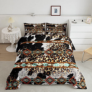 Erosebridal Cheetah Print Comforter Set Western Bedding Sets Full,Exotic Aztec Quilt Black and White Cowhide Cow Print Duvet Insert,Farm Animals Bull Skin Room Decor Cowboys Gifts for Women