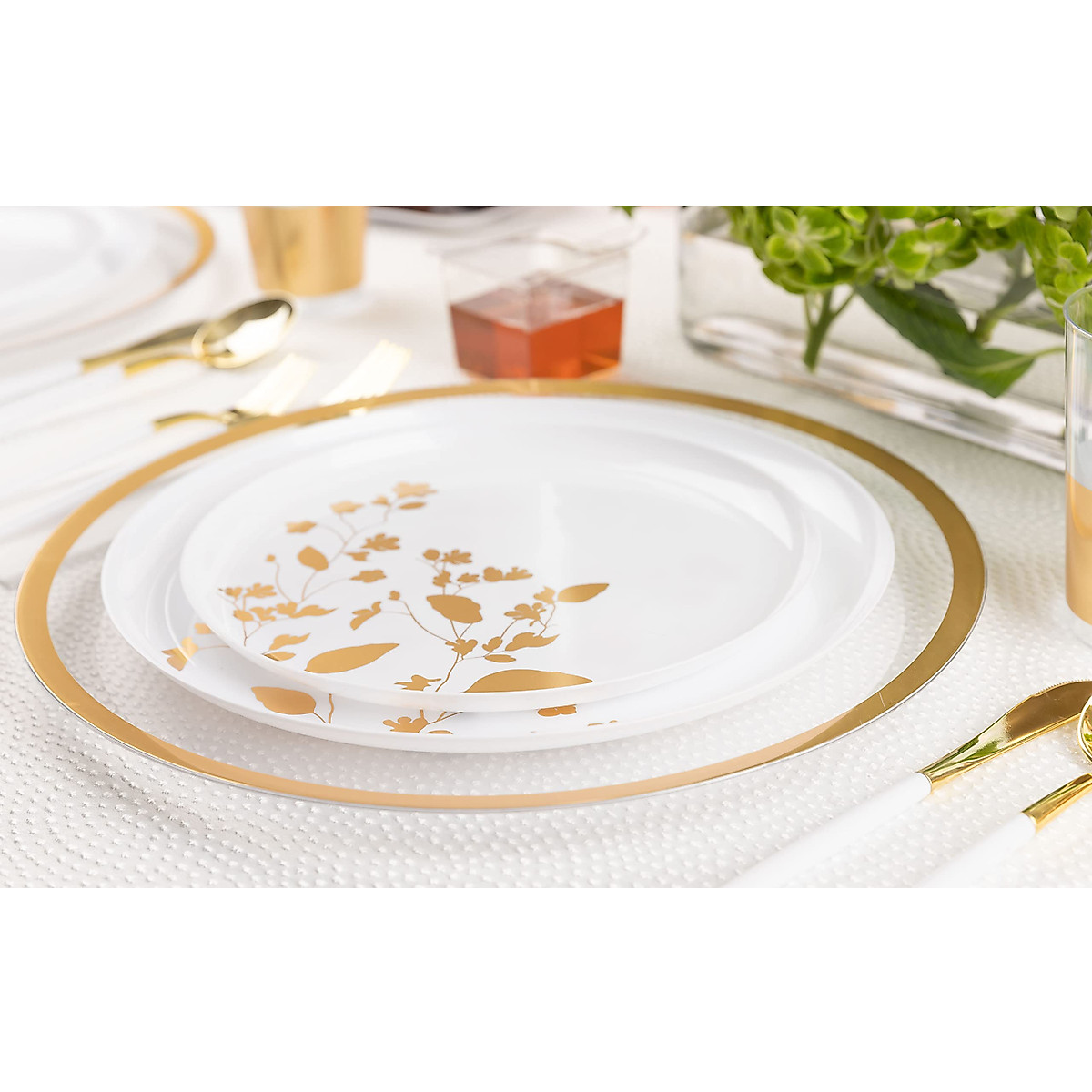 PLASTICPRO [30 Pack 6.3''] White Plastic Party Plates With Gold Garden Dseign Edge Collection Premium heavyweight Elegant Disposable Tableware Dishes