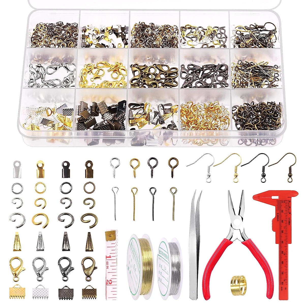 Keadic 1459Pcs Jewelry Findings Starter Kit Includes Jump Rings, Cord Ends, Eye Pin, Lobster Clasps, Earring Hooks, Beading Wires, Flat Nose Pliers for Jewelry Earring Bracket Necklace Making