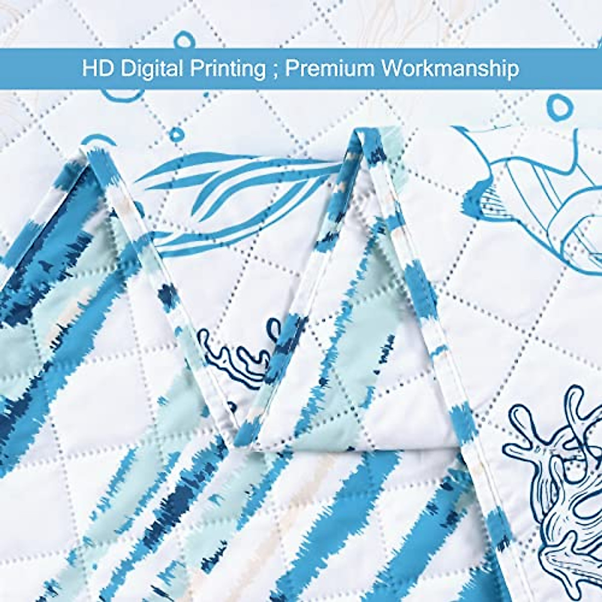 FRAMICS 3-Piece King Size Reversible Quilt Set Summer Quilt Lightweight Ocean Quilts Beach Bedspread Coverlet Blue Coral Conch Seashell Coastal Bedding for All Season(1 Quilt, 2 Pillow Shams)