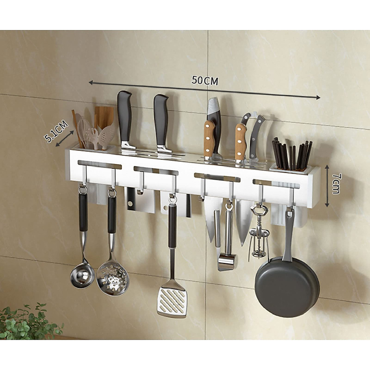 Camidy Stainless Steel Knife Bar Wall Mounted Kitchen Knife Holder Knife Block with Chopstick Holders 8 Hooks
