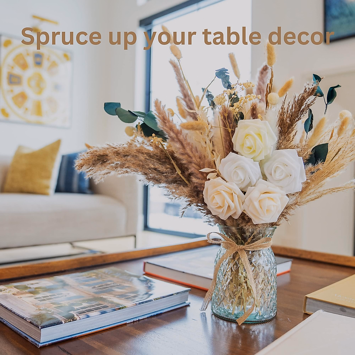 100pcs Artificial Flower Arrangements with Vase Included, Dining Table Centerpiece, Thanksgiving Christmas Pampas Grass Floral Centerpieces, Coffee Table Decor, Faux Flowers in Vase, Centro de Mesa