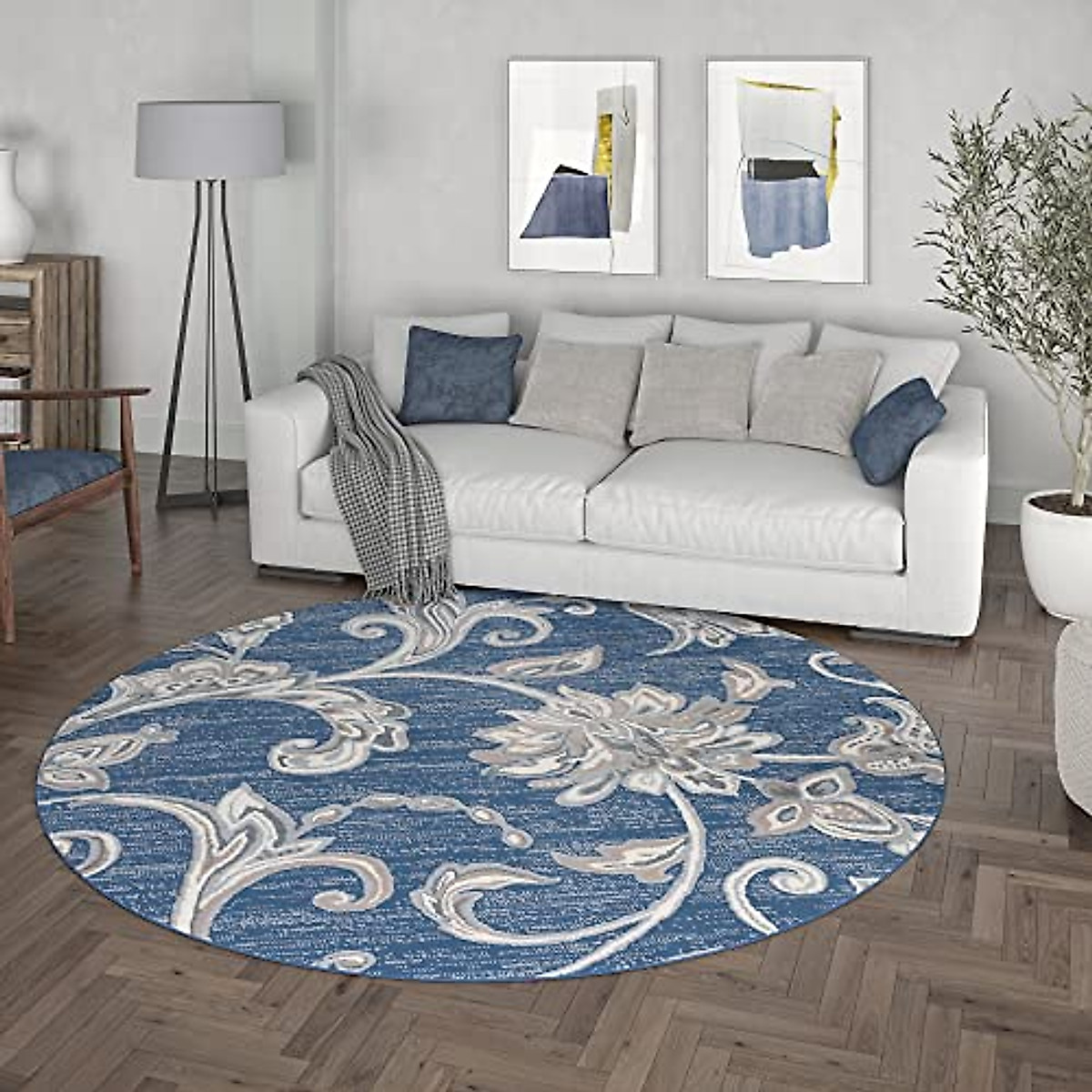 Garland Transitional Floral Navy Round Area Rug, 5' Round