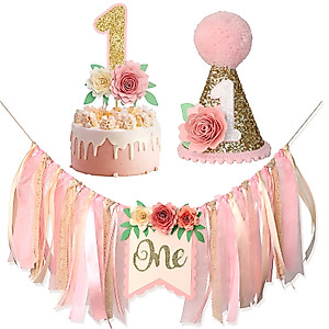 Dusty Pink 1st Birthday High Chair Floral Banner Decor Boho Floral 1st Birthday Hat Decorations 1st Birthday Cake Topper Baby Girl Banner Baby Shower Wall Hangings Decorative For Kids Bedroom