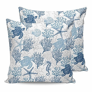 Sea Turtle Outdoor Waterproof Pillow Covers,Nautical Blue Coral Decorative Throw Pillow Covers,Starfish Shell Seahorse Cushion Case for Patio Tent Bed Sofa Living Room Marine Life on White Pillowcase