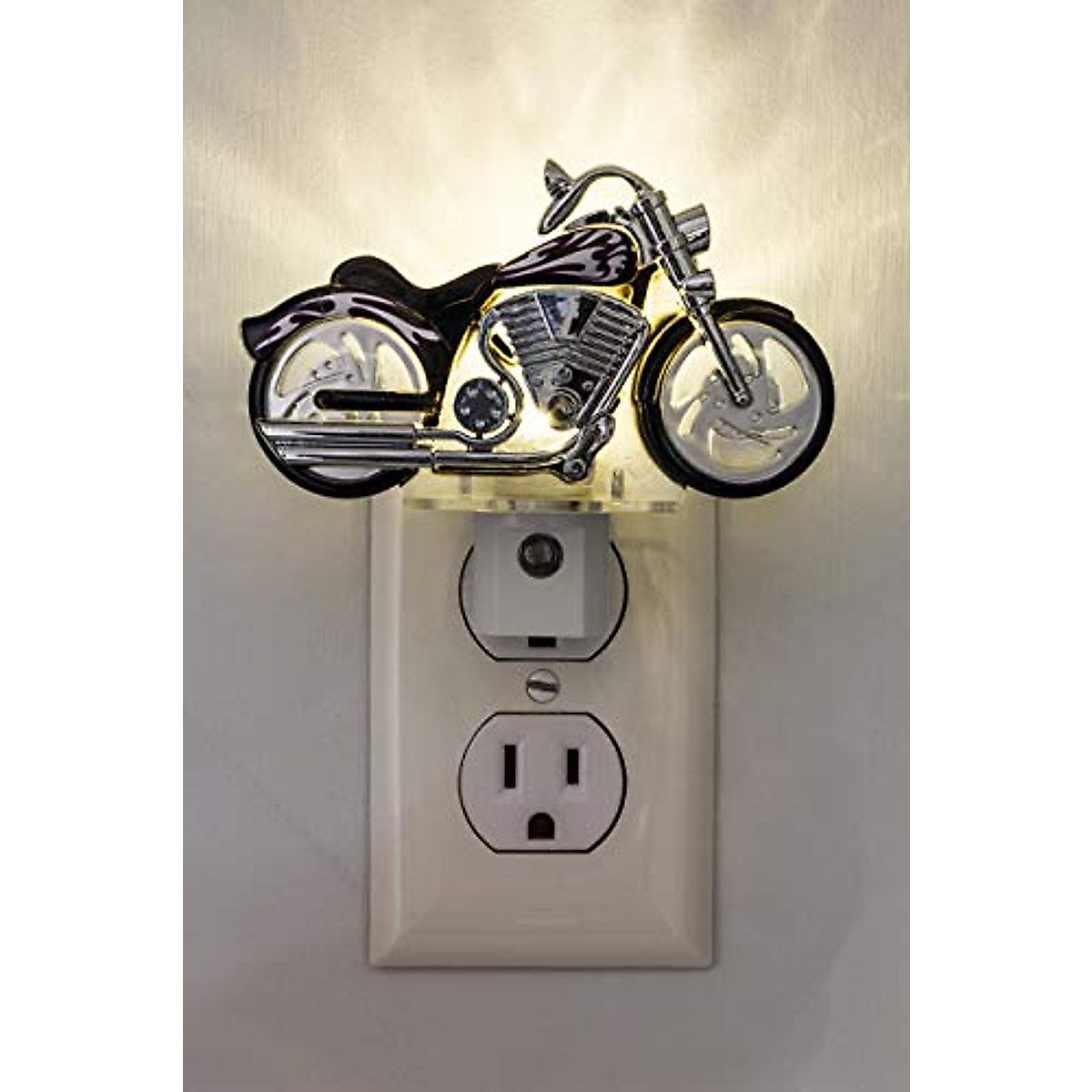 GE LED Motorcycle Night Light, Plug-In, Dusk-to-Dawn Sensor, Auto On/Off, Energy-Efficient, Soft White, Flames & Chrome Design, Ideal for Bedroom, Playroom, Bathroom, & More, Black/Silver, 10904