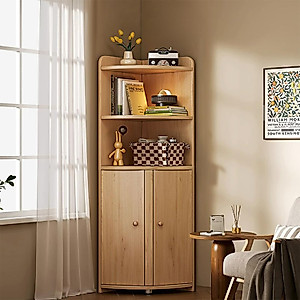 IOTXY Curved Corner Storage Cabinet - Wooden Corner Bookshelf with Door, Free Standing Organizer Display Shelf for Nook, 58.9" Tall, Oak