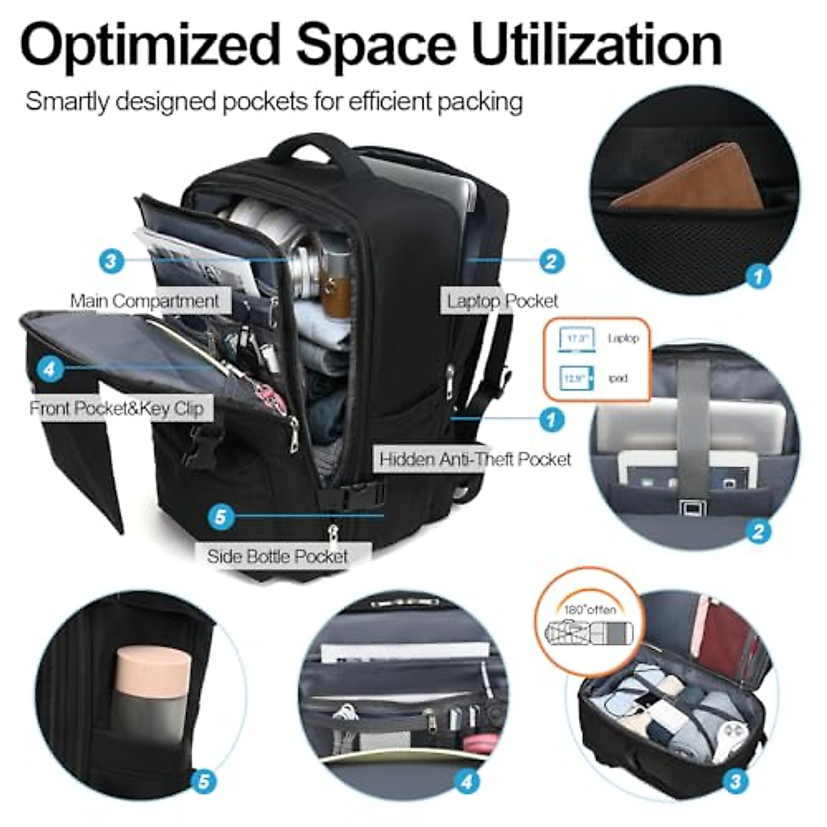 TRAVELHEART Travel Backpack for Women and Men - Large Expandable 45L with Shoe Compartment - Carry On Backpack for Airplanes - Flight Approved - Personal Item Size, Black