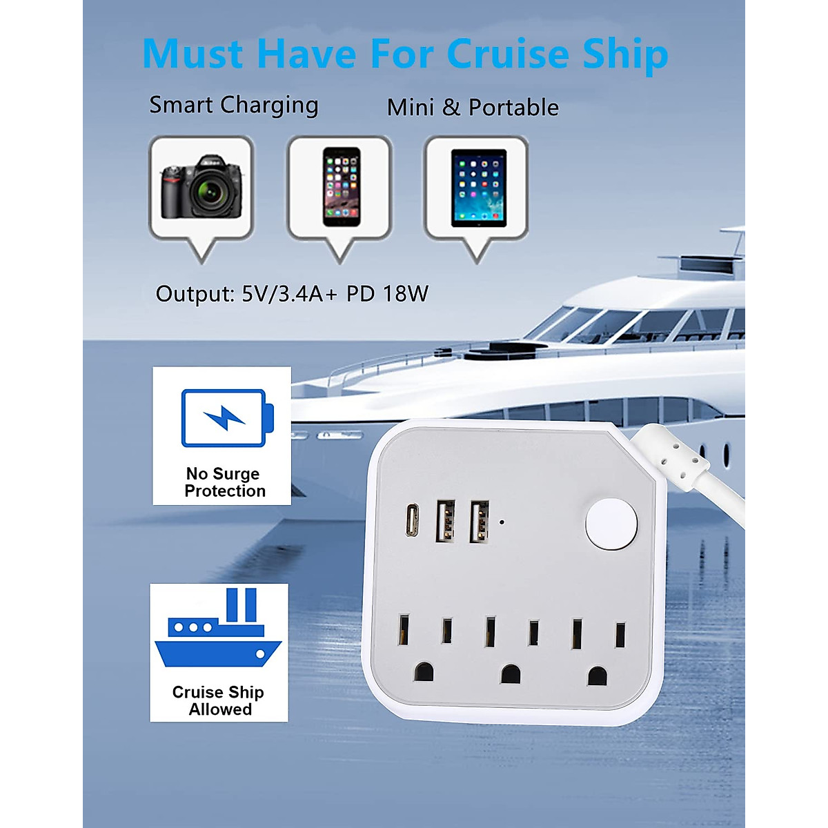 Power Strip with USB C, 3 Outlets Desktop Charging Station, 6 Ft Extension Cord, Small and Portable Power Strip for Travel, Cruise Ship