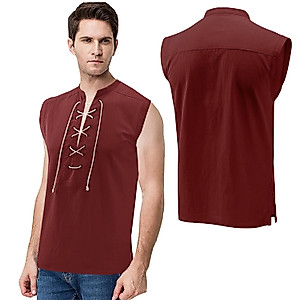 Viking Pirate Costume Men, Medieval Renaissance Shirt, Linen Gothic Victorian Vest, Sleeveless Steampunk Festival Tank Top, Plus Size Halloween Ren Faire Poet Cosplay Clothing(Red-2XL)