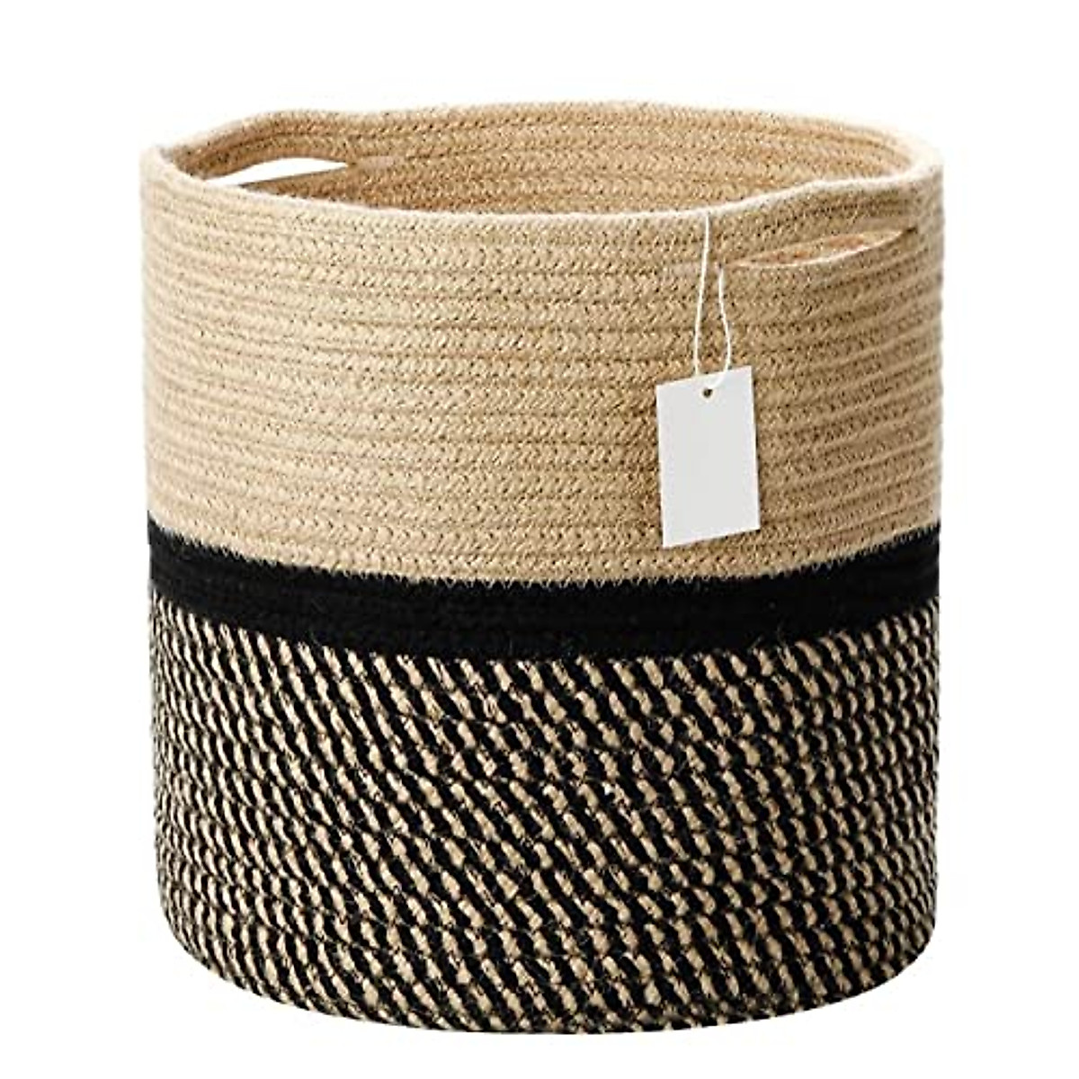 Large Modern Woven Rope Basket. Woven Storage Basket Decorative Rope Basket Wooden Bead Decoration for Blankets,Toys,Clothes,Shoes,Plant Organizer Bin with Handles Living Room Home Decor, Jute.