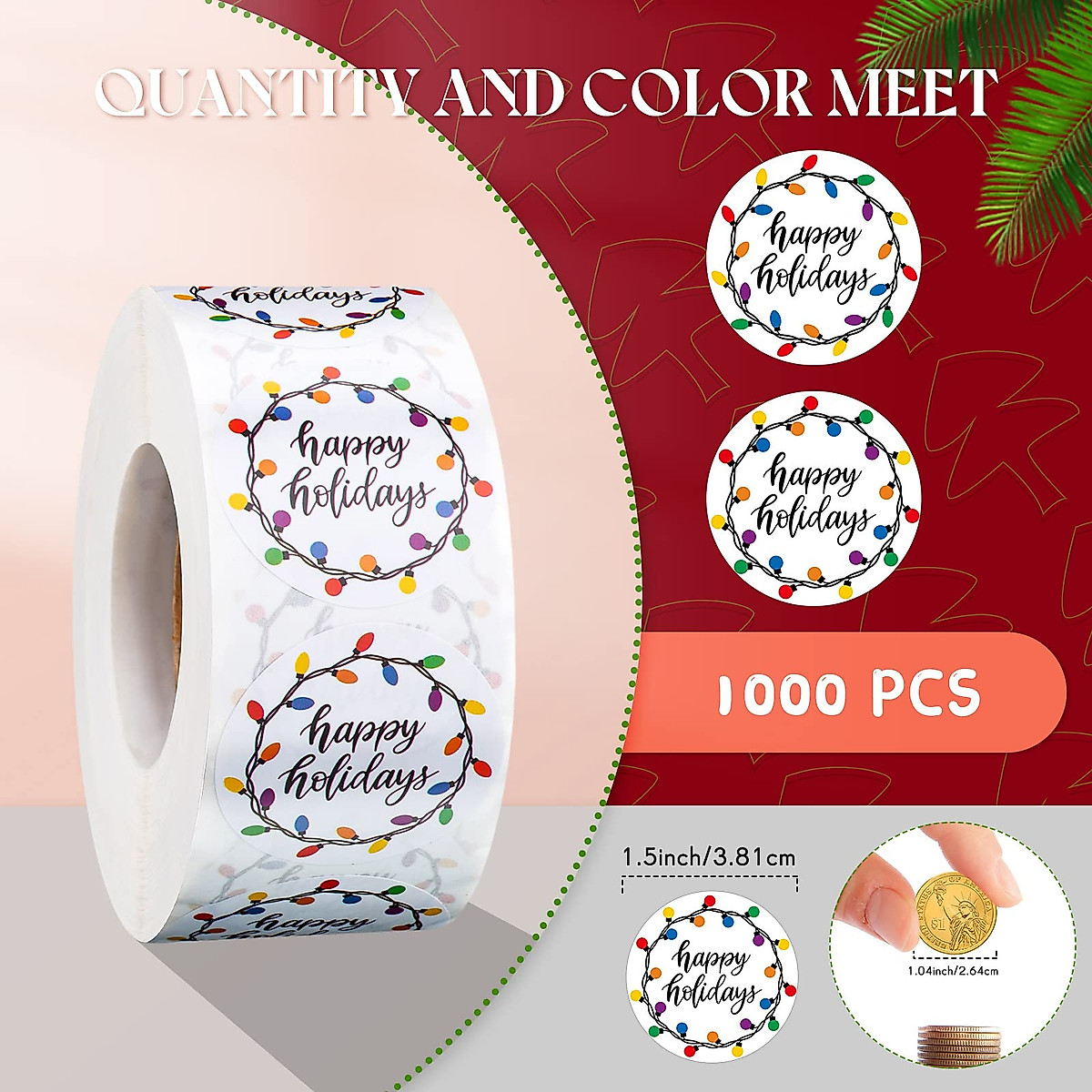 Epakh 1000 Pcs 1.5 Inch Happy Holiday Stickers Christmas Sticker for Envelopes Circle Label Holiday Lights Sticker Round Xmas Tag Envelope Seal Decals for Christmas Greeting Card (Black)