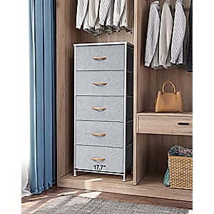 Crestlive Products Vertical Dresser Storage Tower - Sturdy Steel Frame, Wood Top, Easy Pull Fabric Bins, Wood Handles - Organizer Unit for Bedroom, Hallway, Entryway, Closets - 5 Drawers (Light Gray)
