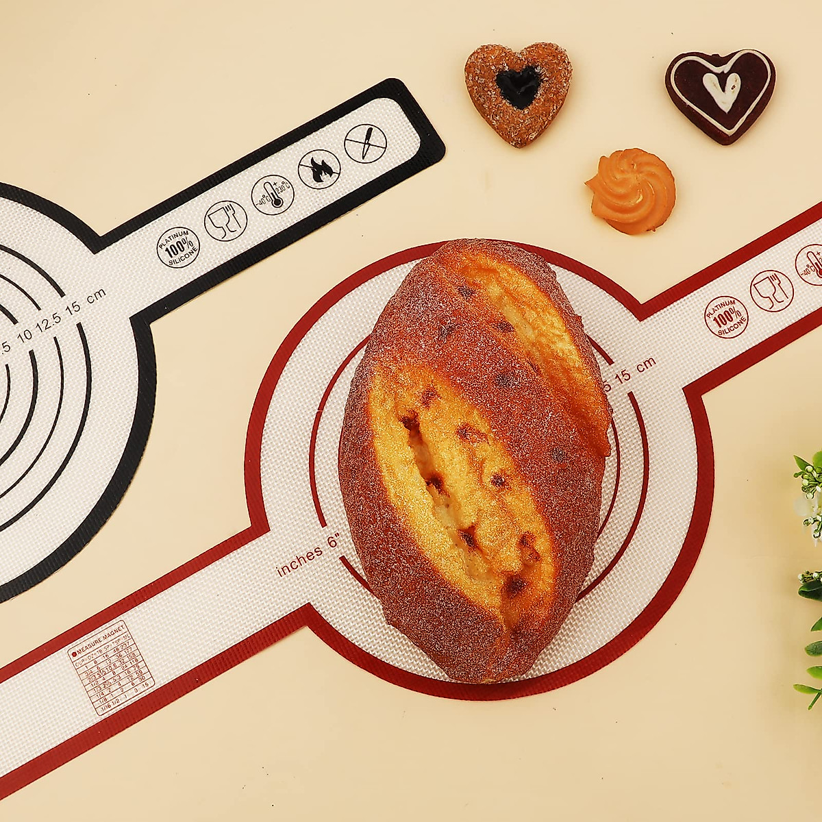 2pcs Silicone Baking Mat, Bread Baking Mat with Long Handles Reusable Silicone Sourdough Bread Sling Silicone Dutch Oven Liner Non-Stick Round Bread Baking Sheets Baking Mat for Dough Parchment Paper