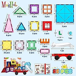 MagHub Magnetic Tiles for Kids, 85 PCS 3D Magnetic Blocks STEM Magnetic Building Blocks, Learning Educational Magnet Toys for Boys Girls Construction Kit Magnetic Toys for 3+ Years Old Kids Toddlers