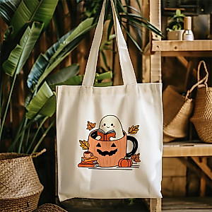 Bookish Gifts Book Lovers Gifts Halloween Tote Gift Pumpkin Ghost Book Tote Bag for Women Her Grocery Shopping Travel Gym Weekender Vacation Womens Work Tote Bag Gifts for Books Lovers