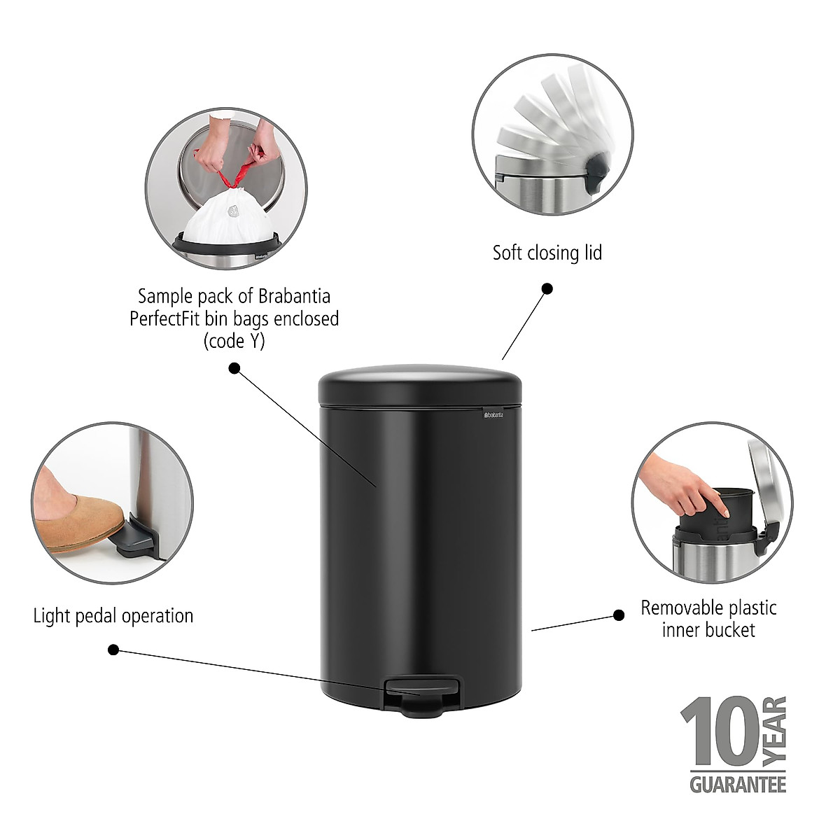 Brabantia 114106 Step Trash Can, 5.3 gallon, Matt Black