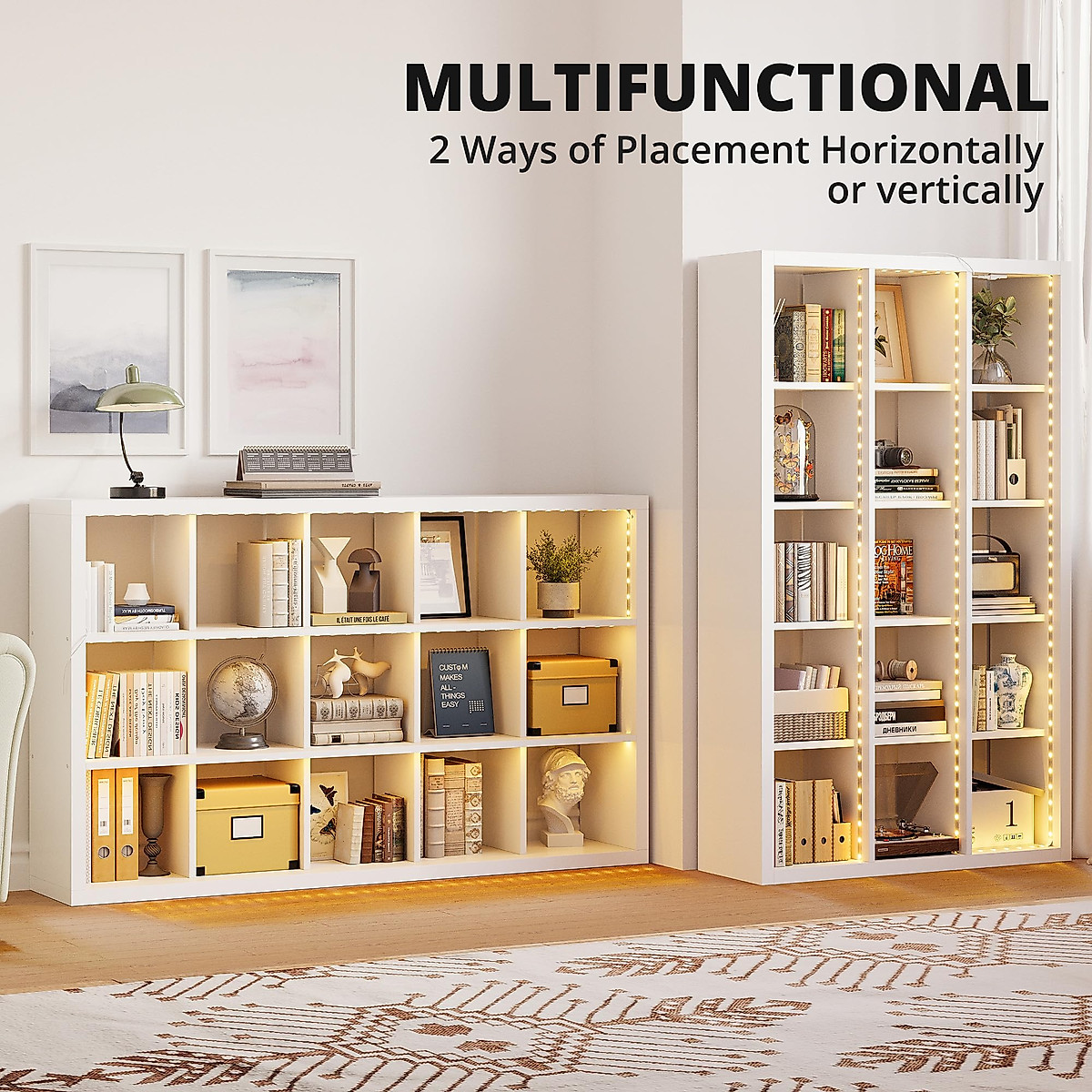 IRONCK 15 Cube Bookcase Storage Shelf Organizer with LED Lights, 5 Tier Bookshelves and Bookcases Display Shelves, Horizontally or Vertically Use, White