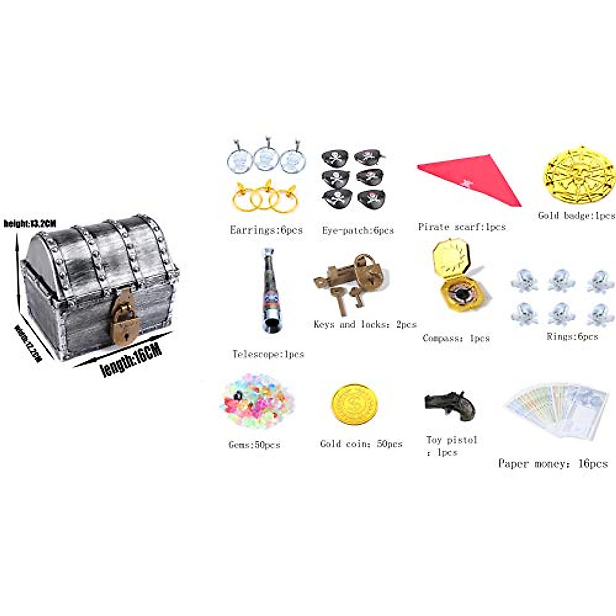 Leadtex Kids Pirate Treasure Chest Vintage Box with Accessories,Silver.