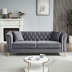 lunhung 81" Chesterfield Velvet Sofa for Living Room,3-Seater Sofa Tufted Couch with Golden Metal Legs & Nailhead,2 Pillows, Rolled Arms Sofa for Living Room,Bedroom,Office,Apartment (Grey)