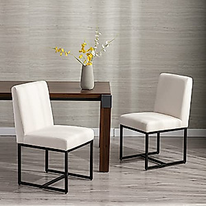 Set of 4 Linen Upholstered Dining Room Chair, Mid Century Modern Fabric Chair for Dining Room, with Black Metal Frame, Cream