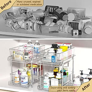 HIHEGD 2 Tier Bathroom Storage Organizer with Dividers, Clear Under Sink Organizers and Storage Pull Out Cabinet Organizer for Bathroom Kitchen Pantry Storage, Medicine Cabinet Organizer