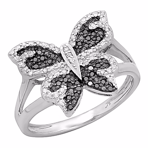 Dazzlingrock Collection 0.24 Carat (Cttw) Sterling Silver Round Black & White Diamond Butterfly Cocktail Ring 1/4 CT, Size 5.5