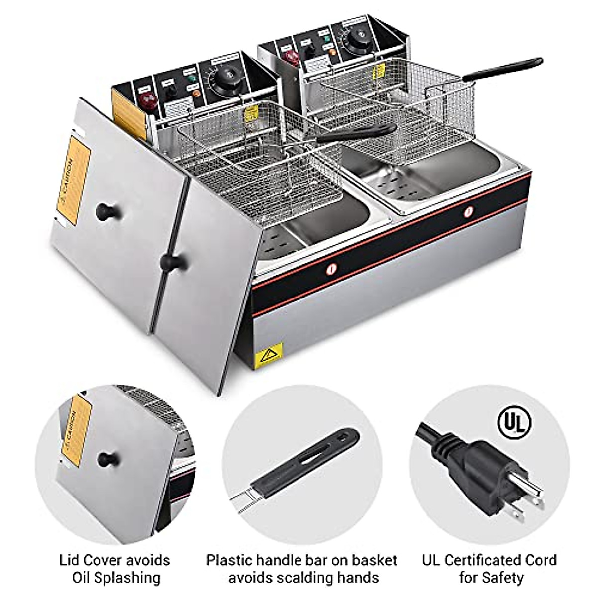 WeChef Commercial Deep Fryer 24L 5000W with Dual Tank Baskets Stainless Steel Electric Countertop Fryer for Restaurant Bar