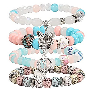 6 Set Butterfly Bracelets for Women and Teen Girls Multilayer Beads Tassel Stretch Bracelet Charm Boho Colorful Jewelry