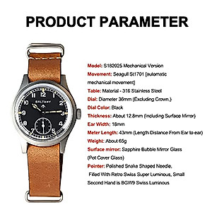 Baltany Dirty Dozen Watch Men D12 36MM Sea Gull ST1701 Movement Automatic BGW9 Luminous Vintage Military Wristwatches (Brown NAT Black)