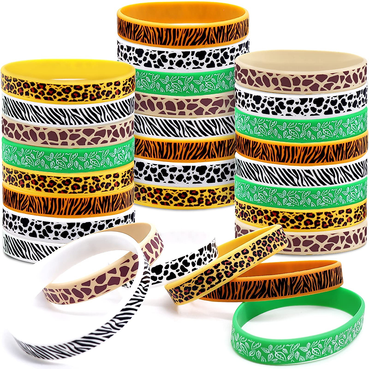 MagiRita Safari Animal Print Rubber Bracelets 24 Pack Leopard Cow Tiger Print Wristband Jungle Party Favors Zoo Wild Birthday Party Goodie Gifts Bags Decor for Shower Class Rewards